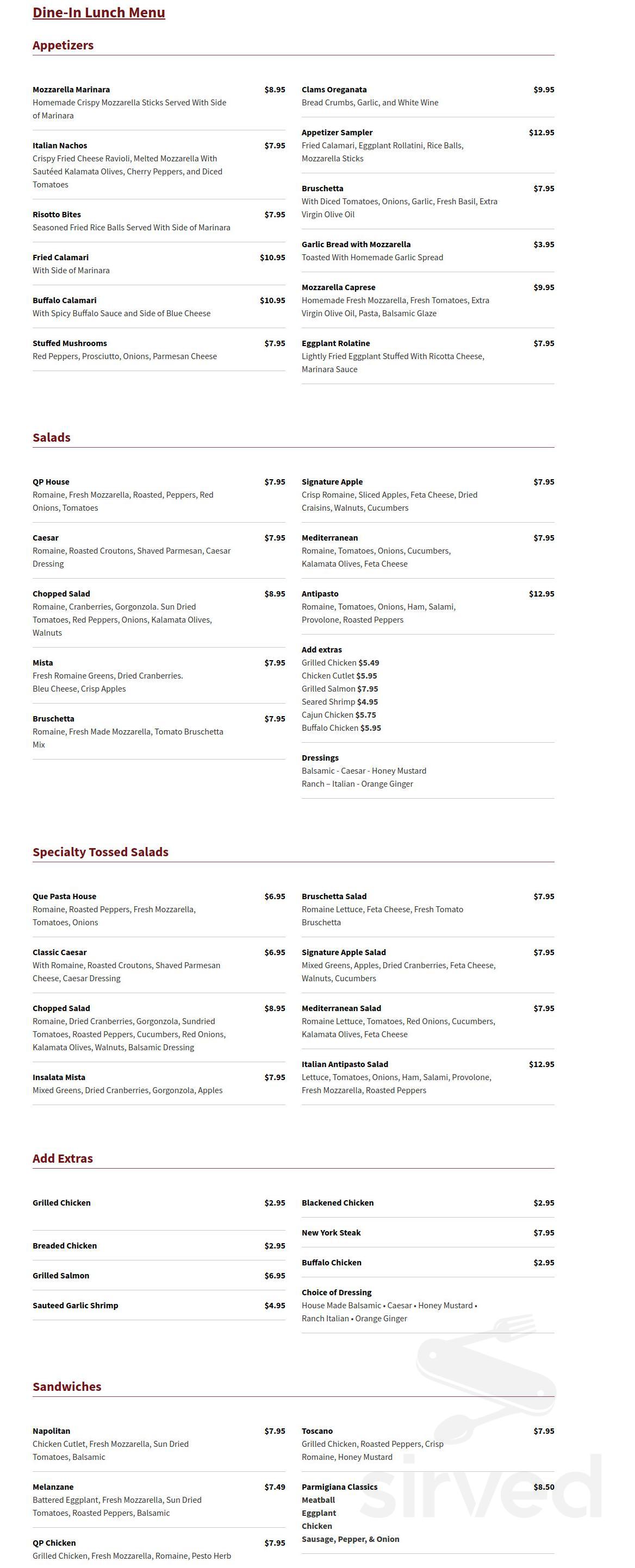Menu - Saddle Brook NJ's Que Pasta | Sirved