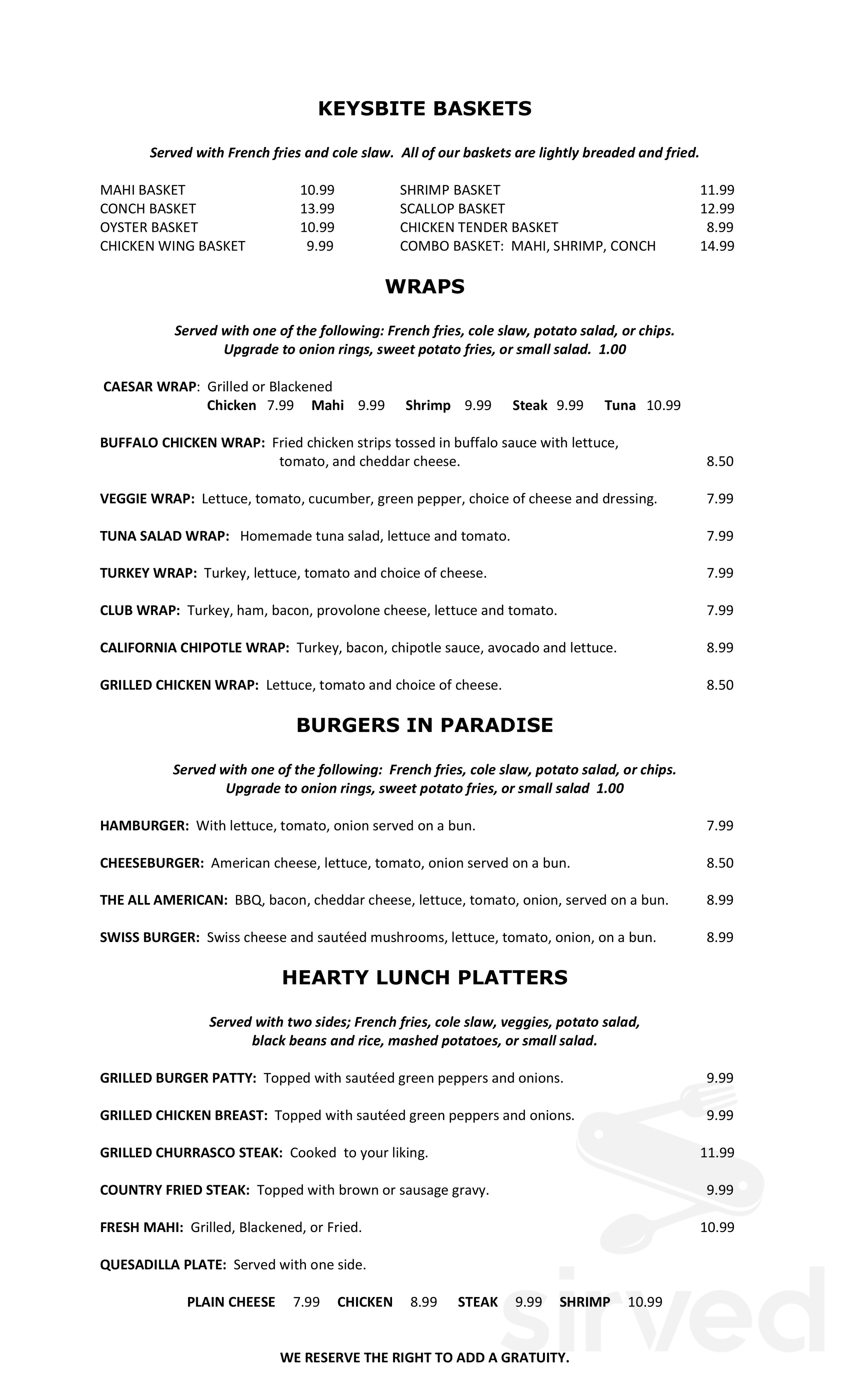Keys Bite menu in Key Largo, Florida, USA