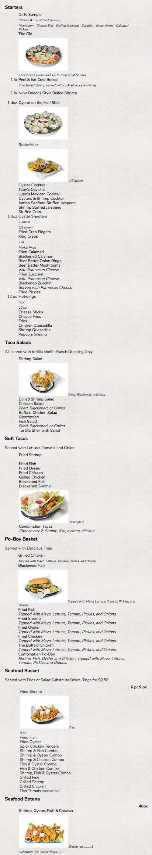 Dirty Al's menu in South Padre Island, Texas, USA