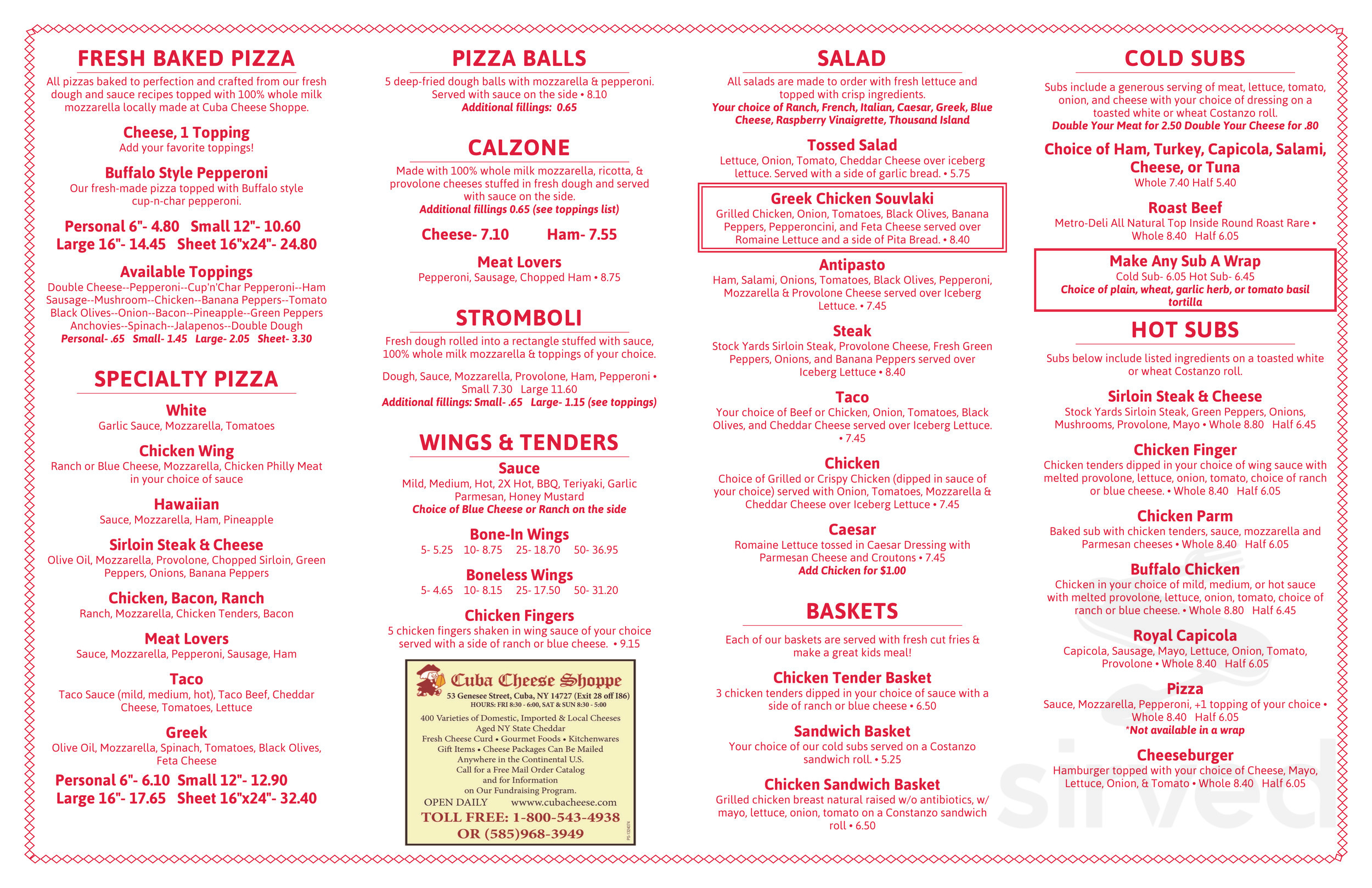 Rizzo's Pizzeria menu in Franklinville, New York, USA