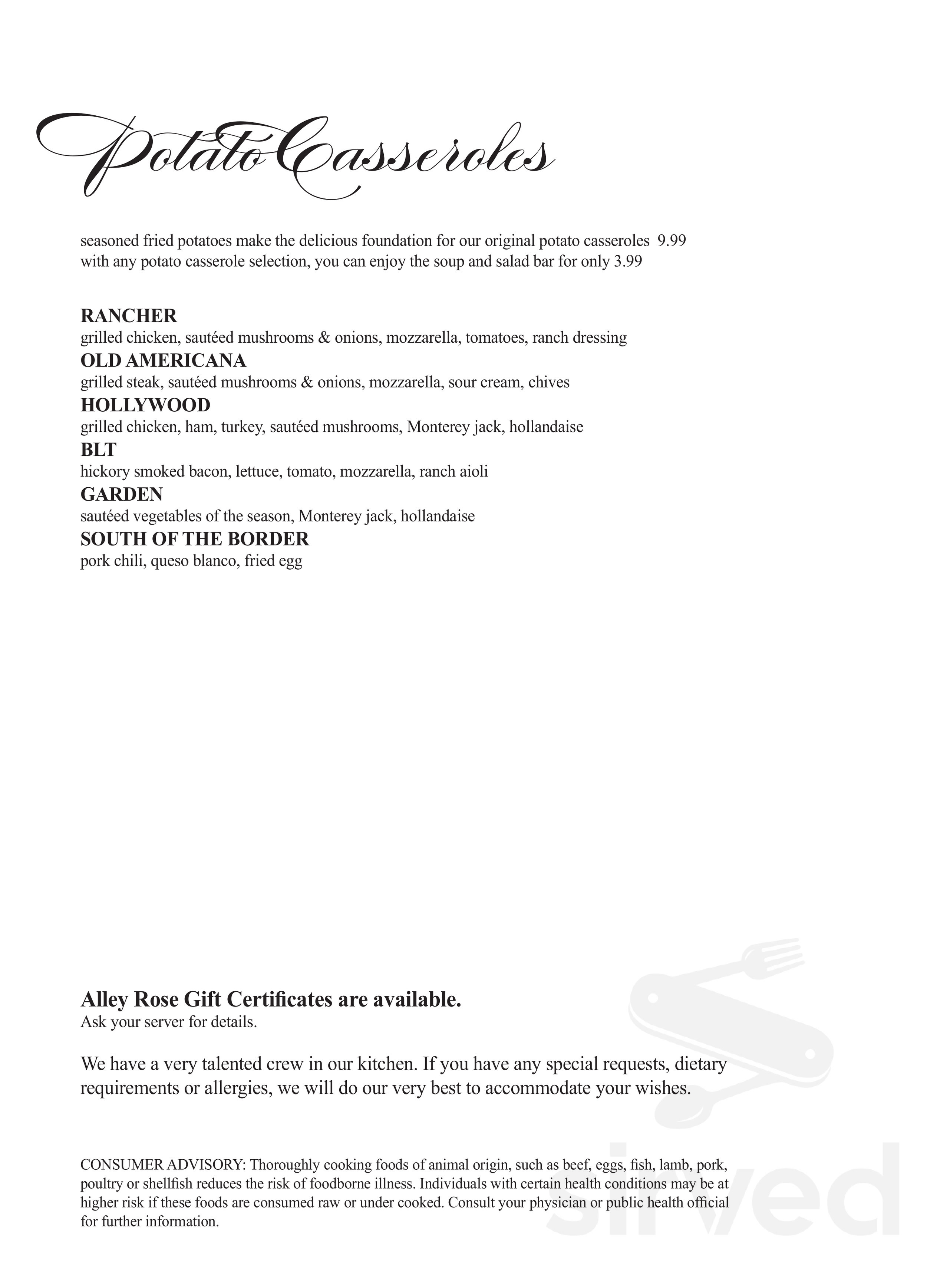 Alley Rose menu in Kearney, Nebraska, USA