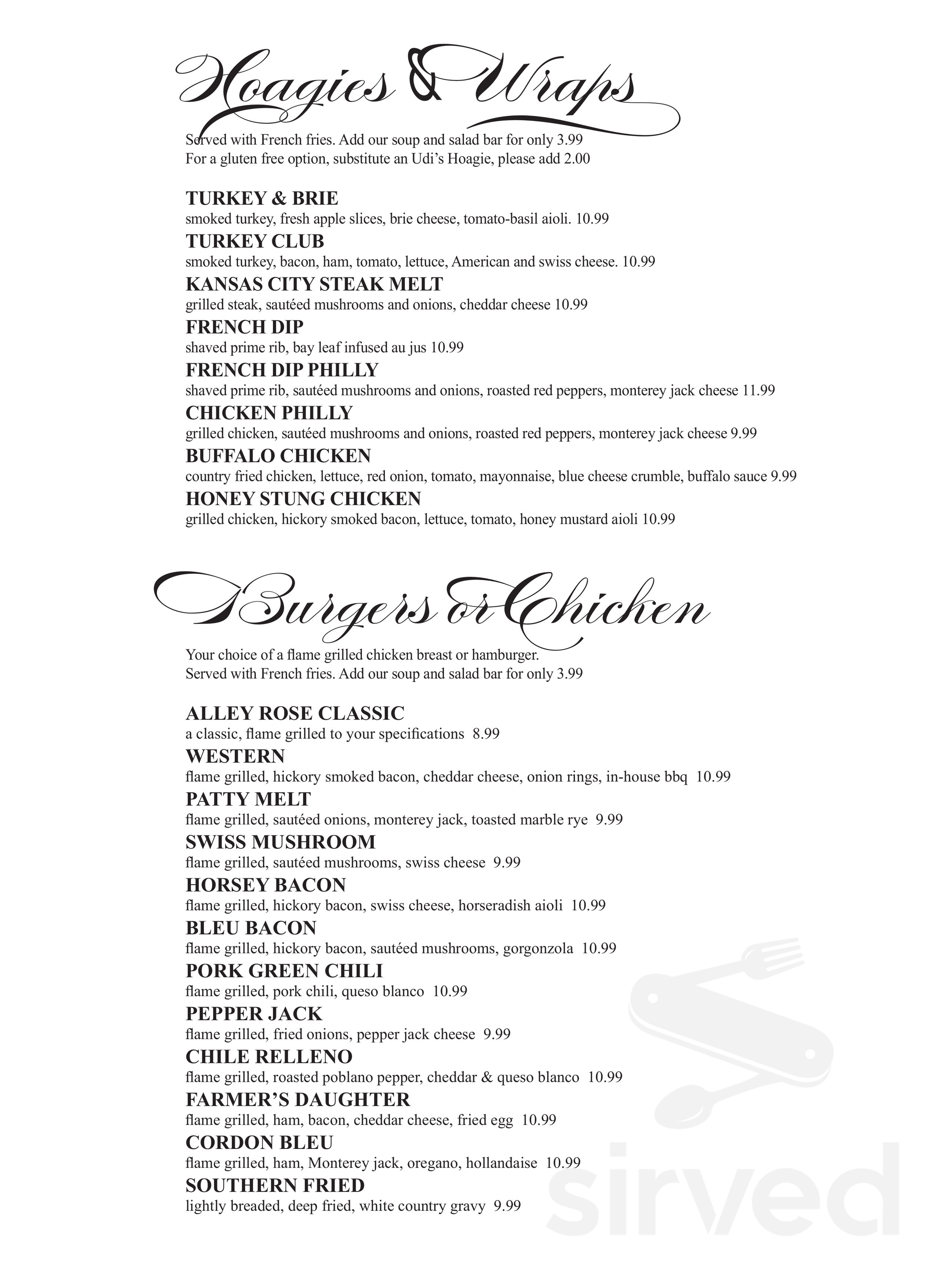 Alley Rose menu in Kearney, Nebraska, USA