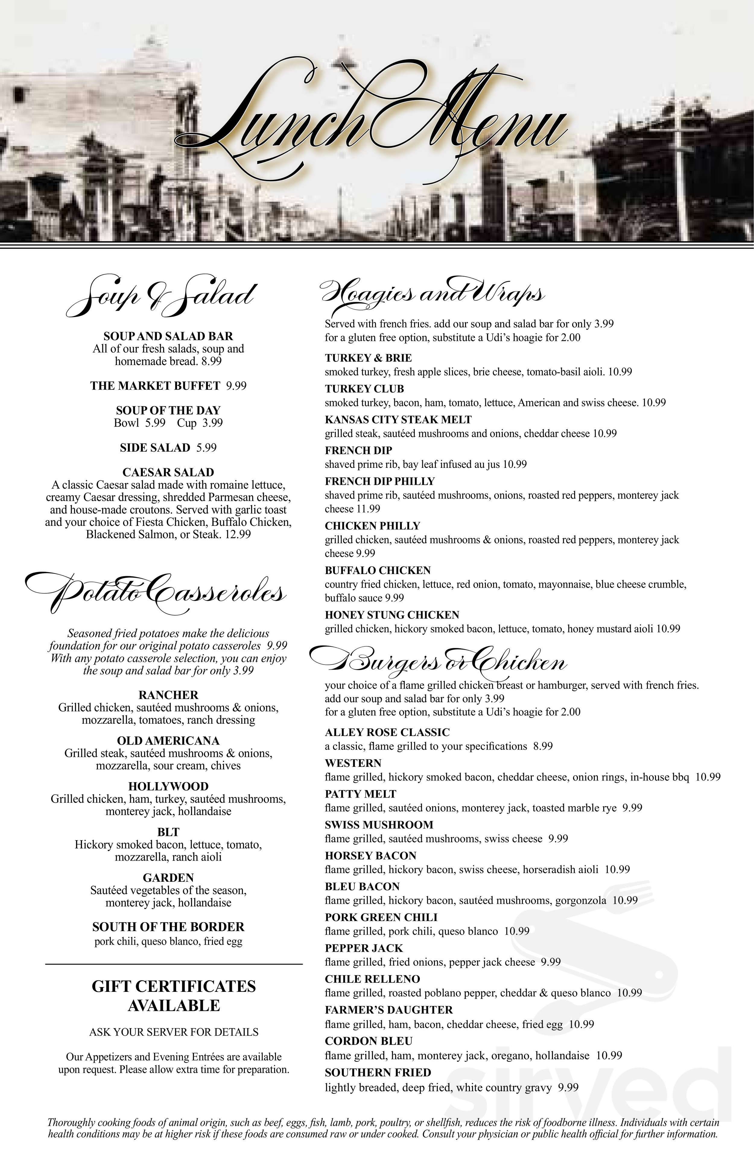 Alley Rose menu in Kearney, Nebraska, USA