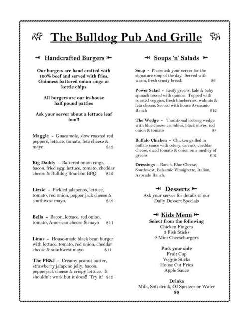 The Bulldog Pub and Grille menu in Lagrange, Ohio, USA