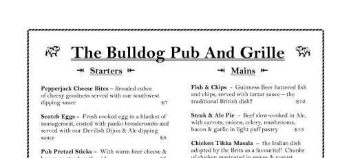 Menu for The Bulldog Pub and Grille in Lagrange, OH | Sirved
