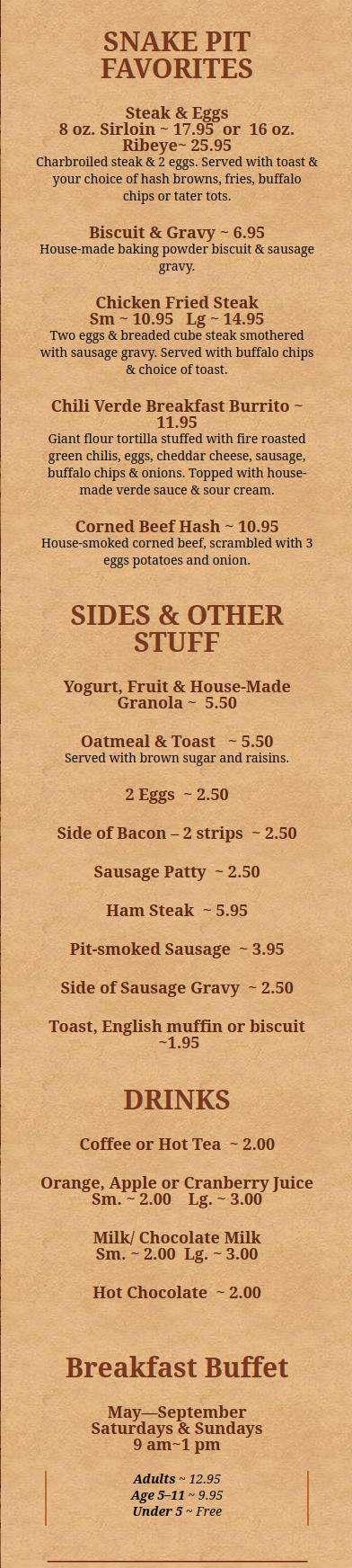 The Snake Pit menu in Kingston, Idaho, USA