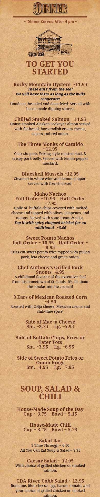 The Snake Pit menu in Kingston, Idaho, USA