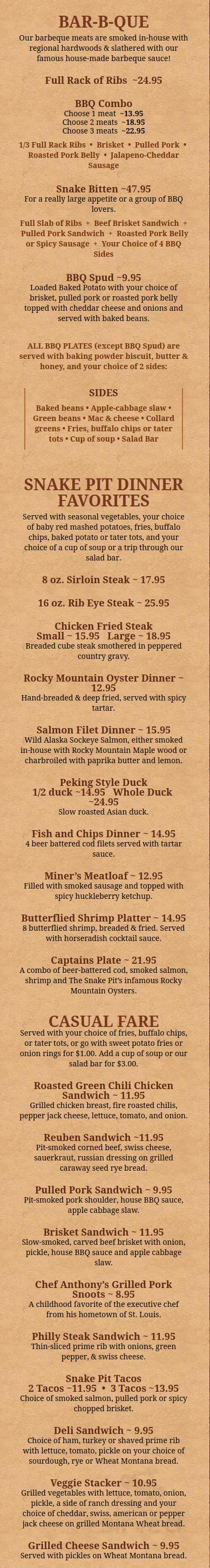 The Snake Pit menu in Kingston, Idaho, USA