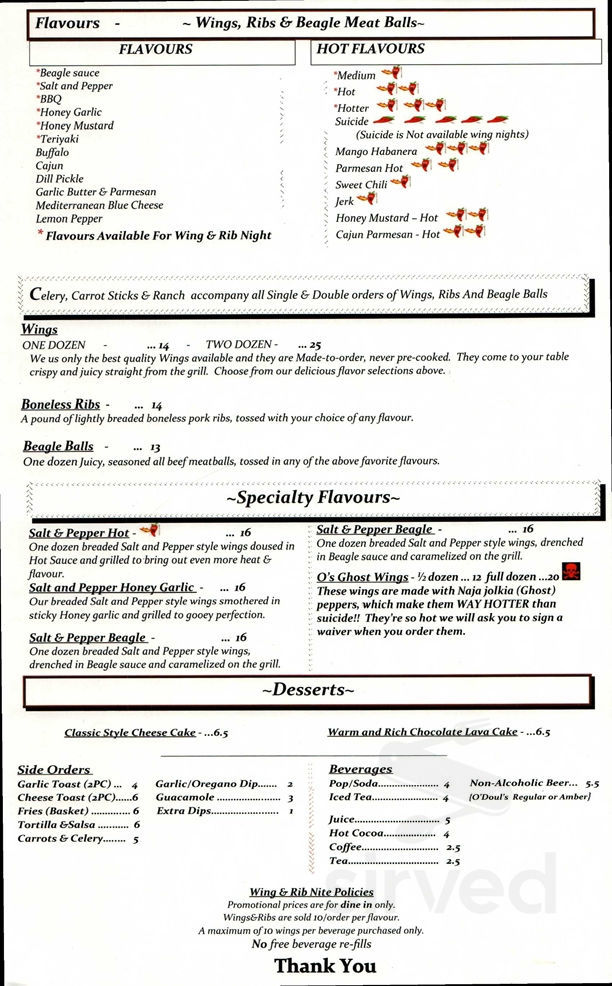 Regal Beagle Pub menu in Calgary, Alberta, Canada