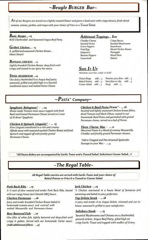 Regal Beagle Pub menu in Calgary, Alberta, Canada