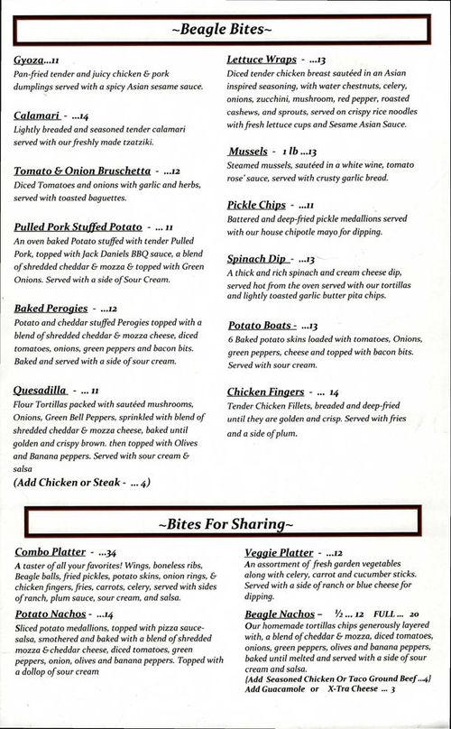 Regal Beagle Pub menu in Calgary, Alberta, Canada