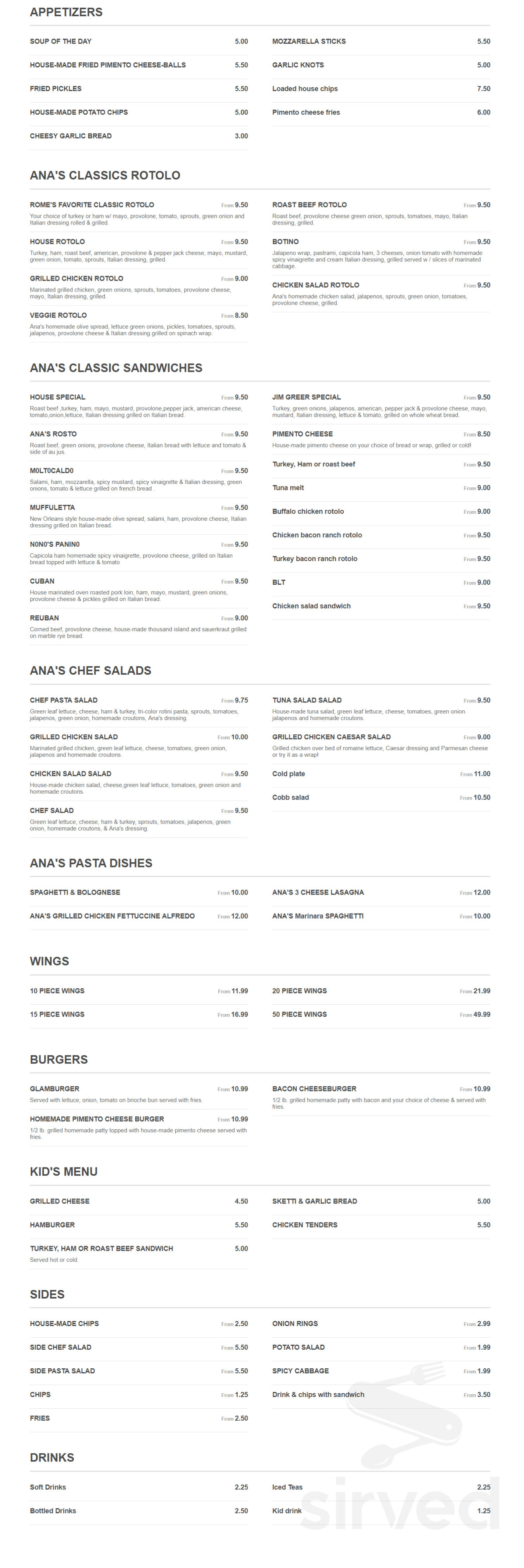 Menu for Anas by the River in Rome, GA | Sirved