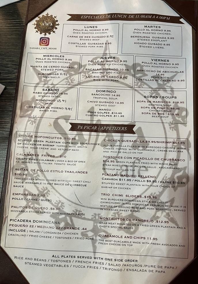 Sahara Cafe Miami menu in Miami Gardens, Florida, USA