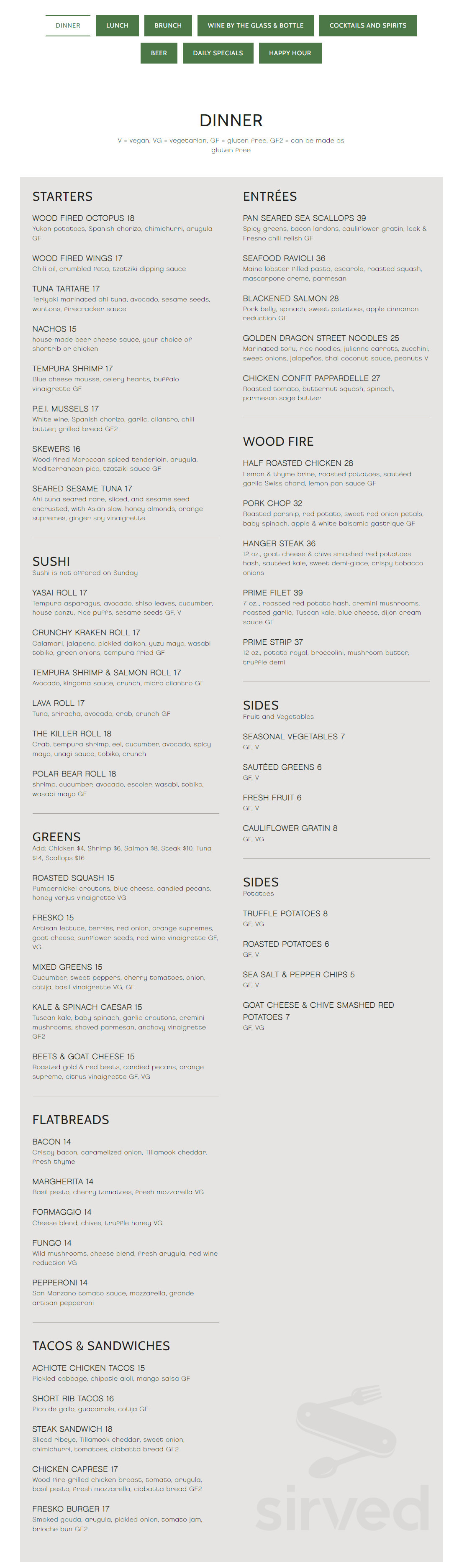 Fresko menu in Des Moines, Iowa, USA