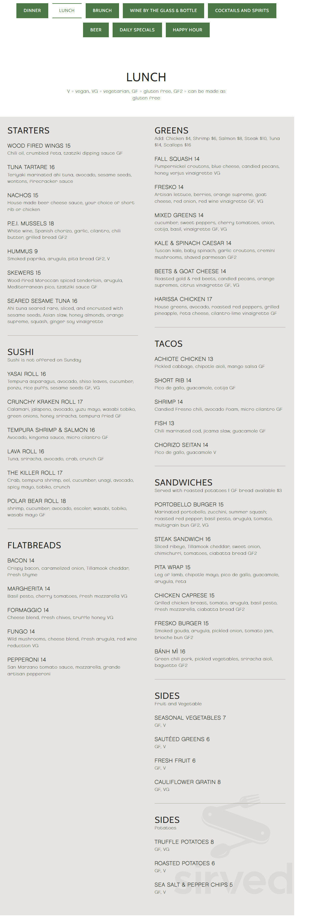 Menu for Fresko in Des Moines, IA | Sirved