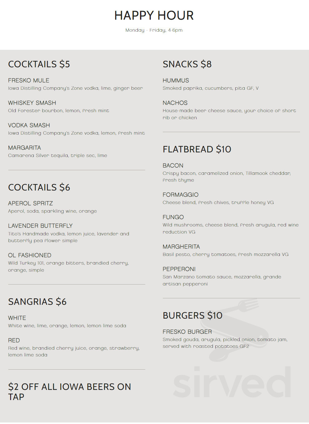 Menu for Fresko in Des Moines, IA | Sirved
