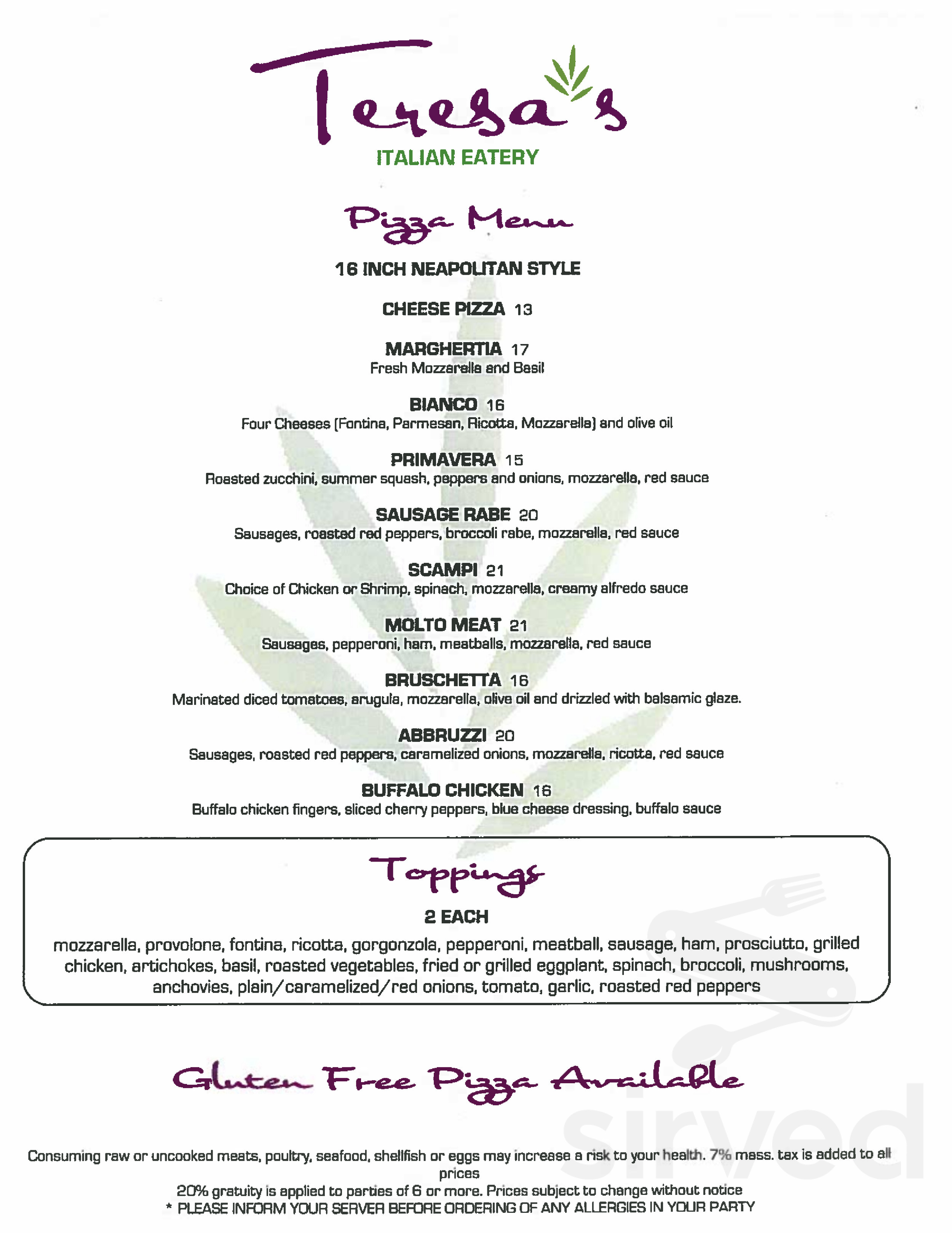 Teresa's Italian Eatery menu in Middleton, Massachusetts, USA