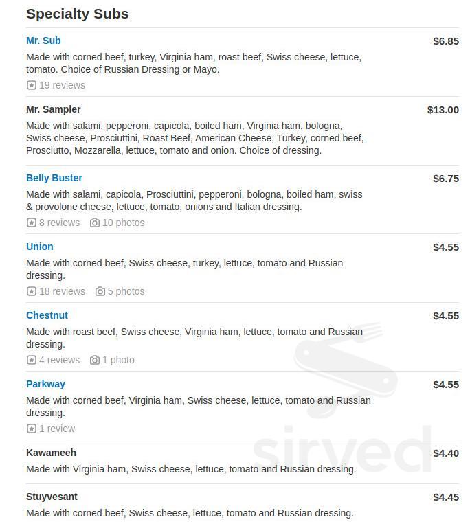 Mr. Sub of Union menu in Union, New Jersey, USA