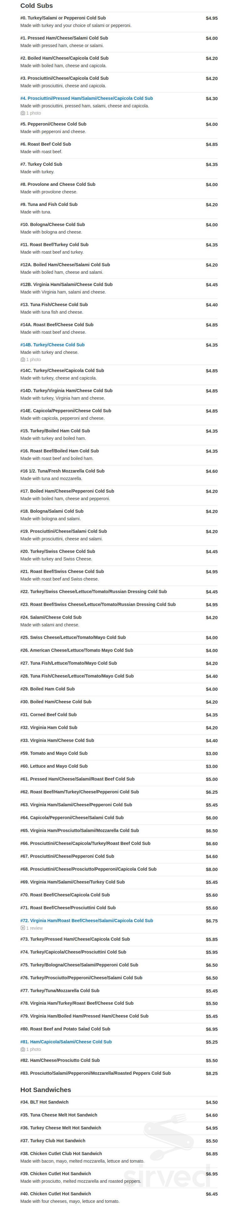 Mr. Sub of Union menu in Union, New Jersey, USA