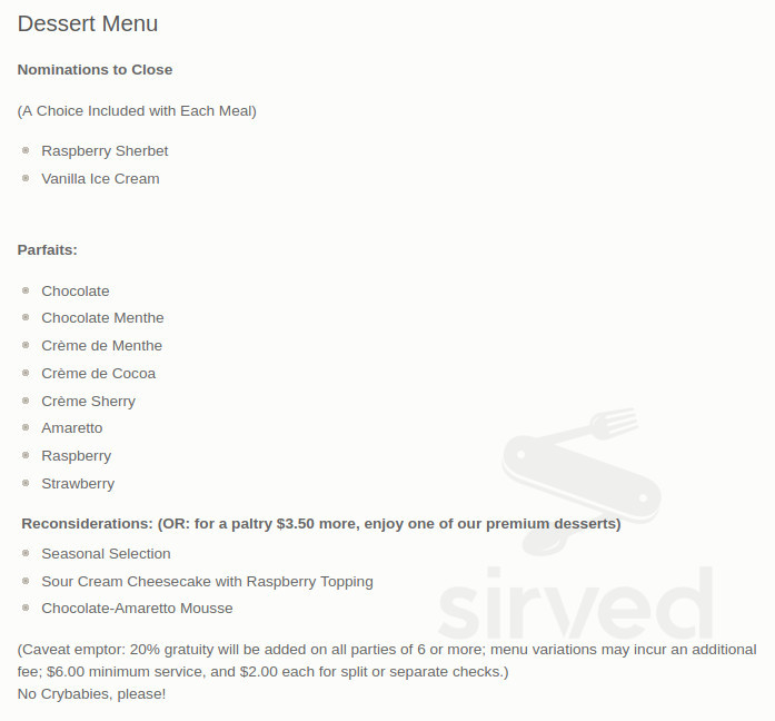 Five Alls restaurant menu in Salt Lake City, Utah, USA