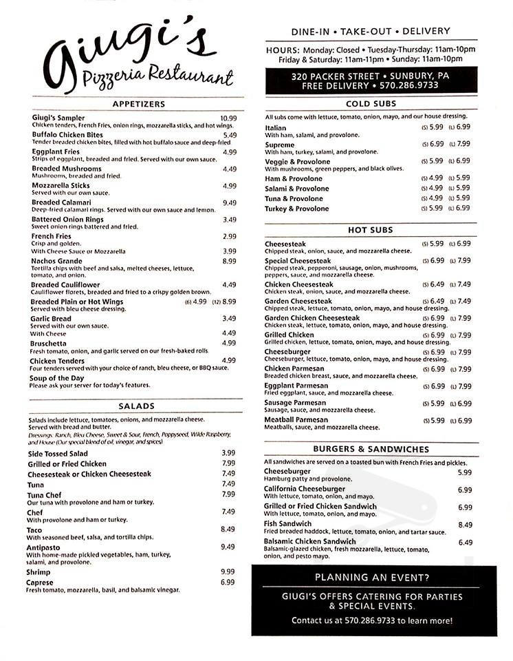 Menu for Giugi's in Sunbury, PA | Sirved
