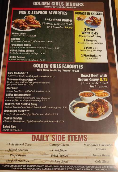 Golden Girls Restaurant menu in Clinton, Tennessee, USA