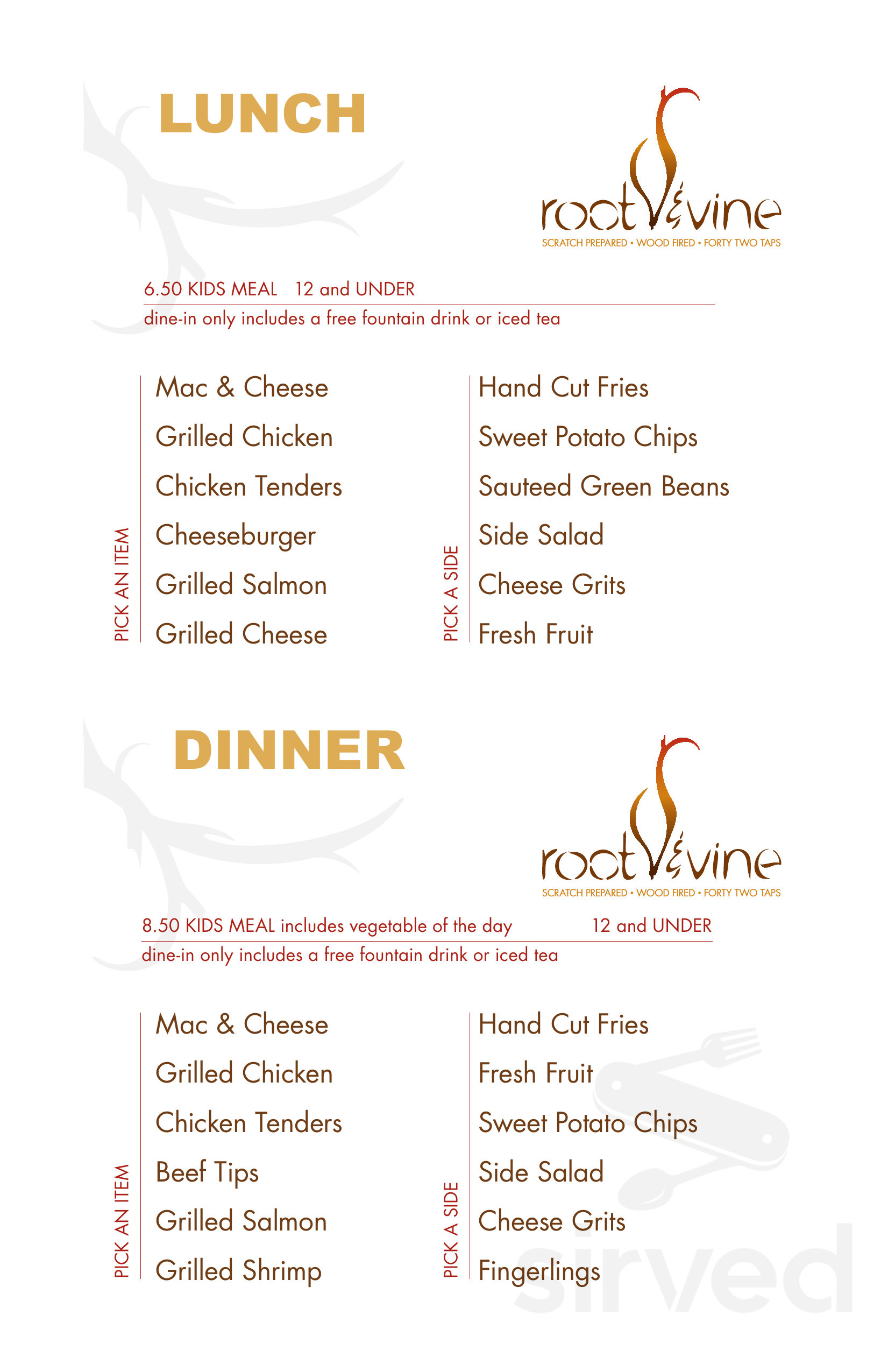 root & vine menu in Morganton, North Carolina, USA