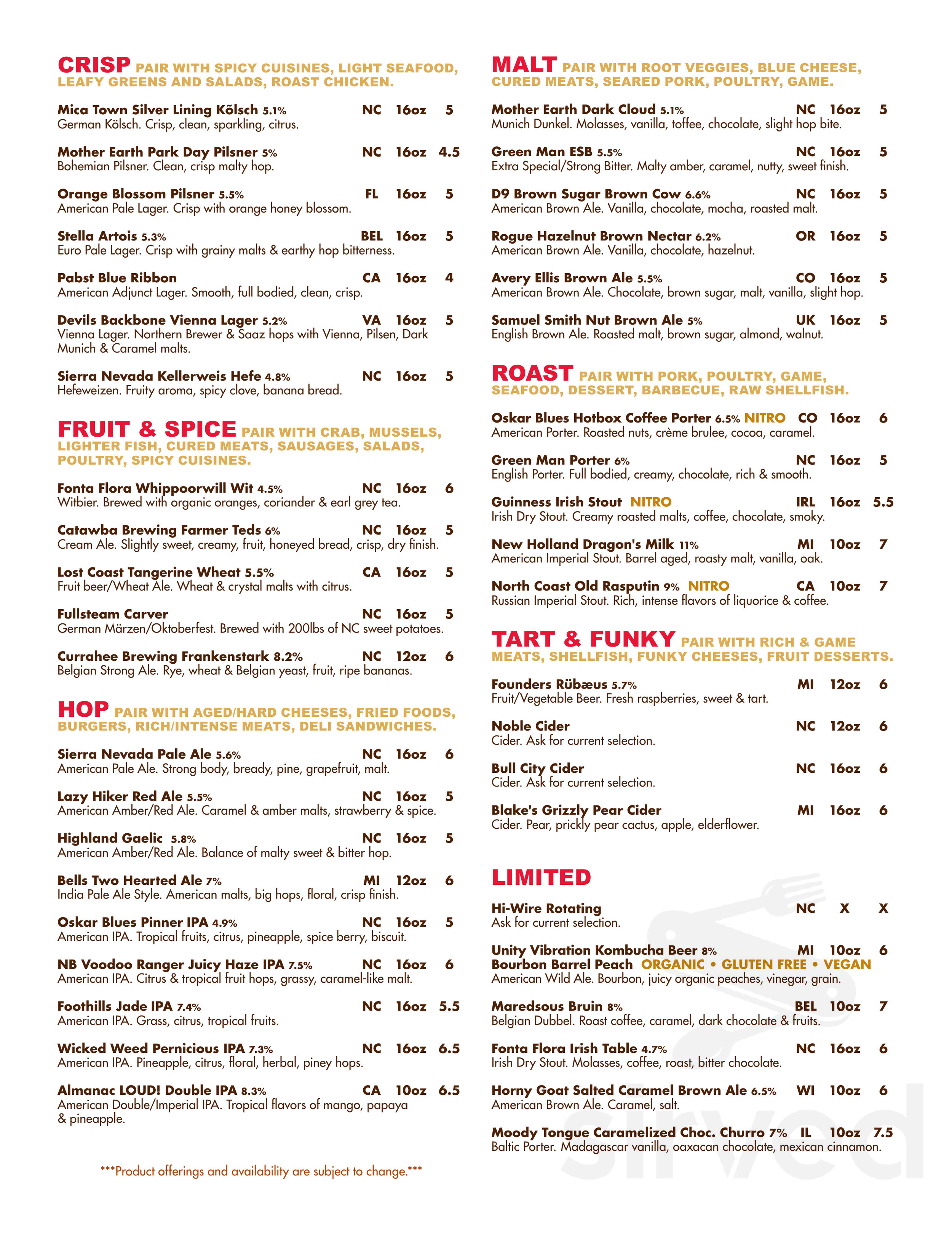 root & vine menu in Morganton, North Carolina, USA