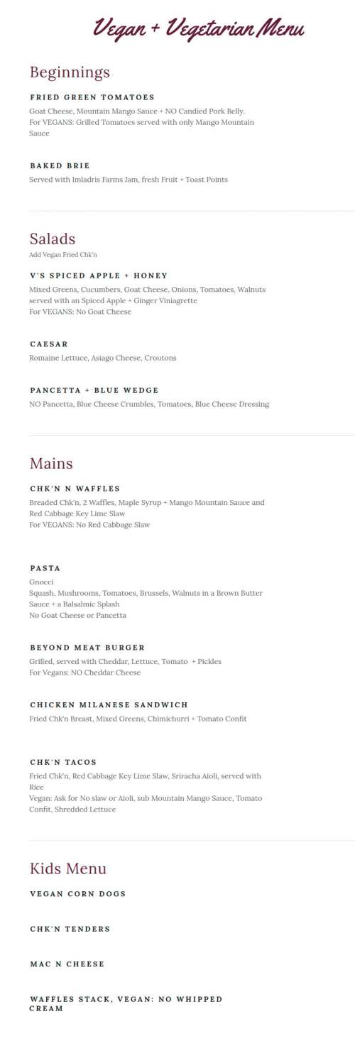 The Highlands Kitchen & Bar menu in Lake Lure, North Carolina, USA