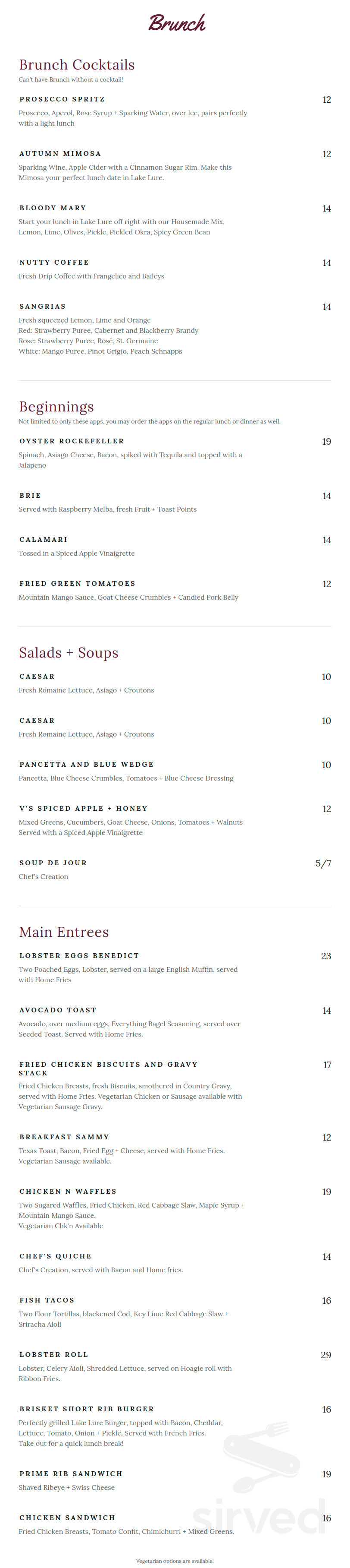 The Highlands Kitchen & Bar menu in Lake Lure, North Carolina, USA