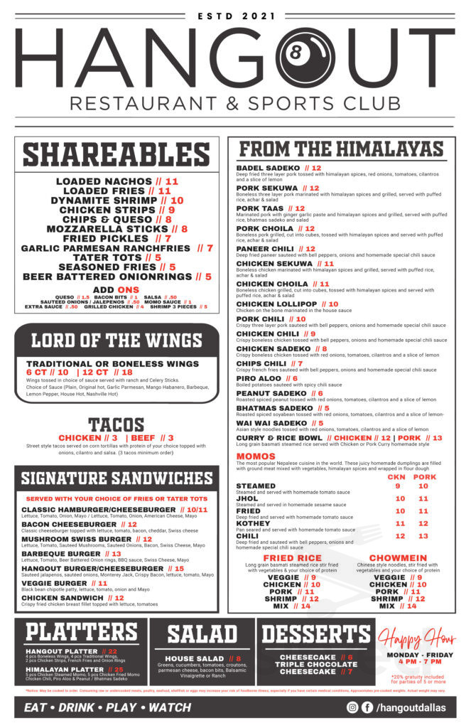 Hangout Restaurant & Sports Club menus in Irving, Texas, United States