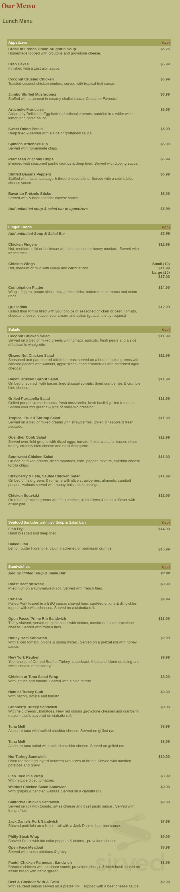 Fieldstone Country Inn menu in Lockport, New York, USA
