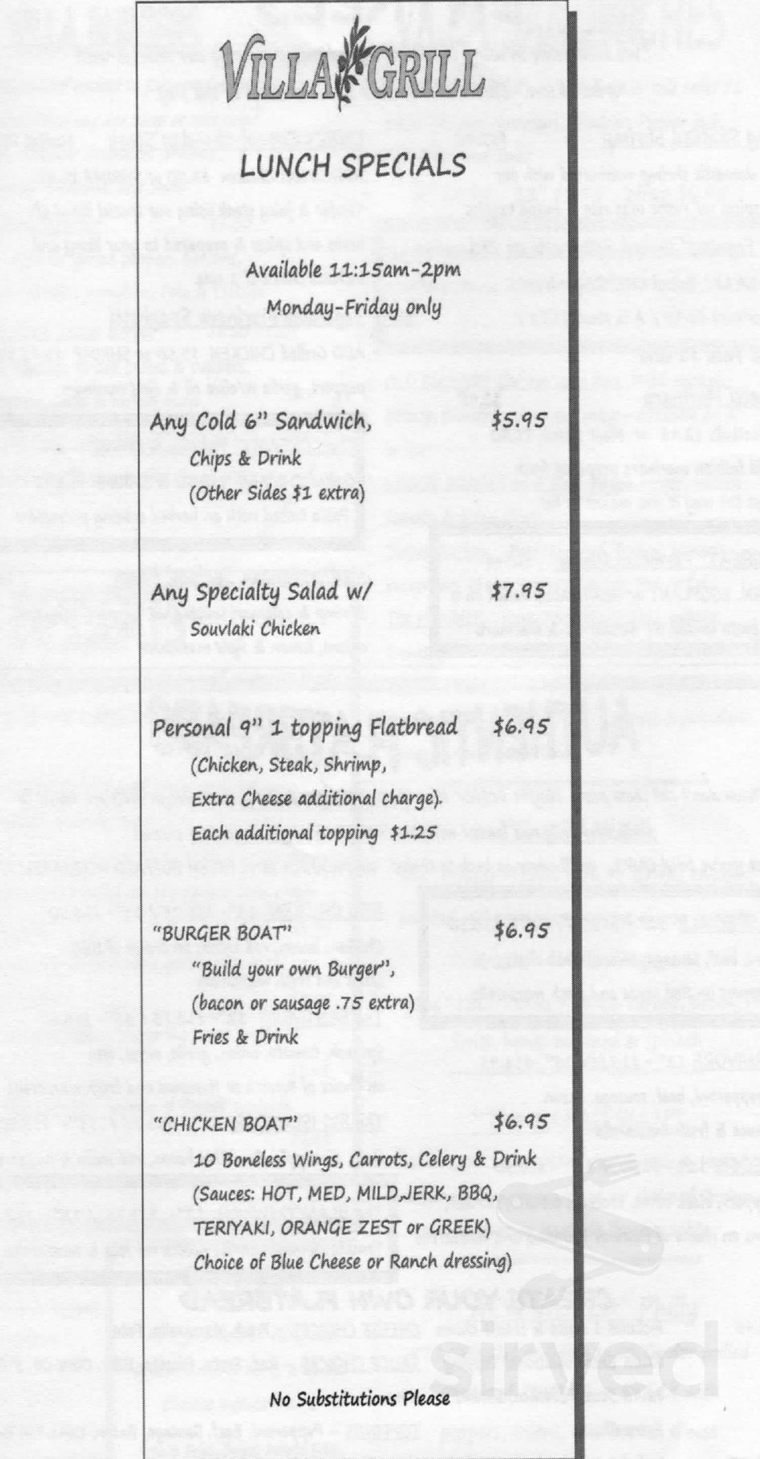 Villa Grill menu in Clemmons, North Carolina, USA