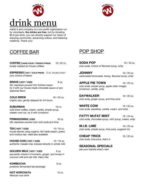 Waldo's & Company menu in Gettysburg, Pennsylvania, USA