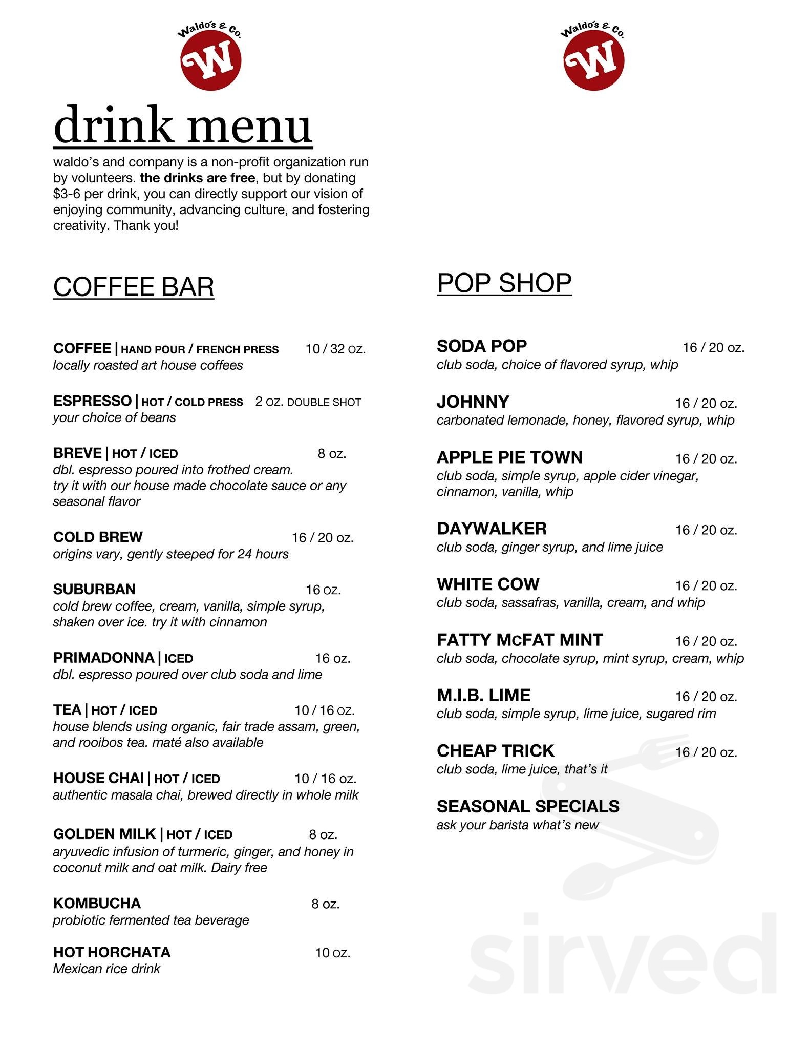 Waldo's & Company menu in Gettysburg, Pennsylvania, USA