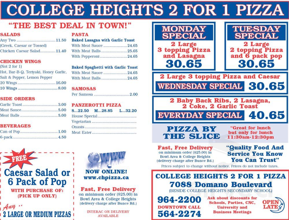 College Heights 2 for 1 Pizza menu in Prince George, British Columbia ...