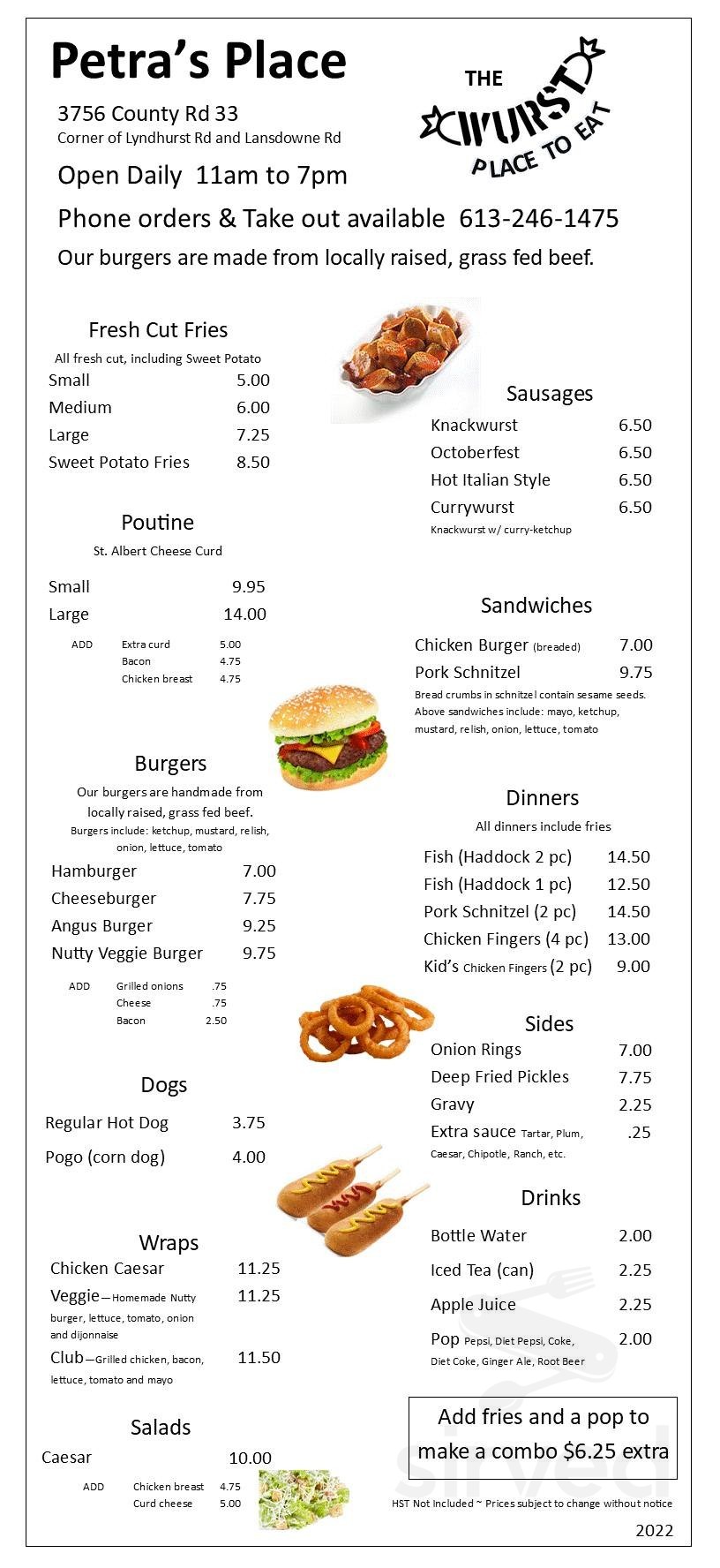 Petra's Place menus in Lyndhurst, Ontario, Canada