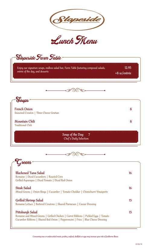 Slopeside Dining Room menu in Rockwood, Pennsylvania, USA