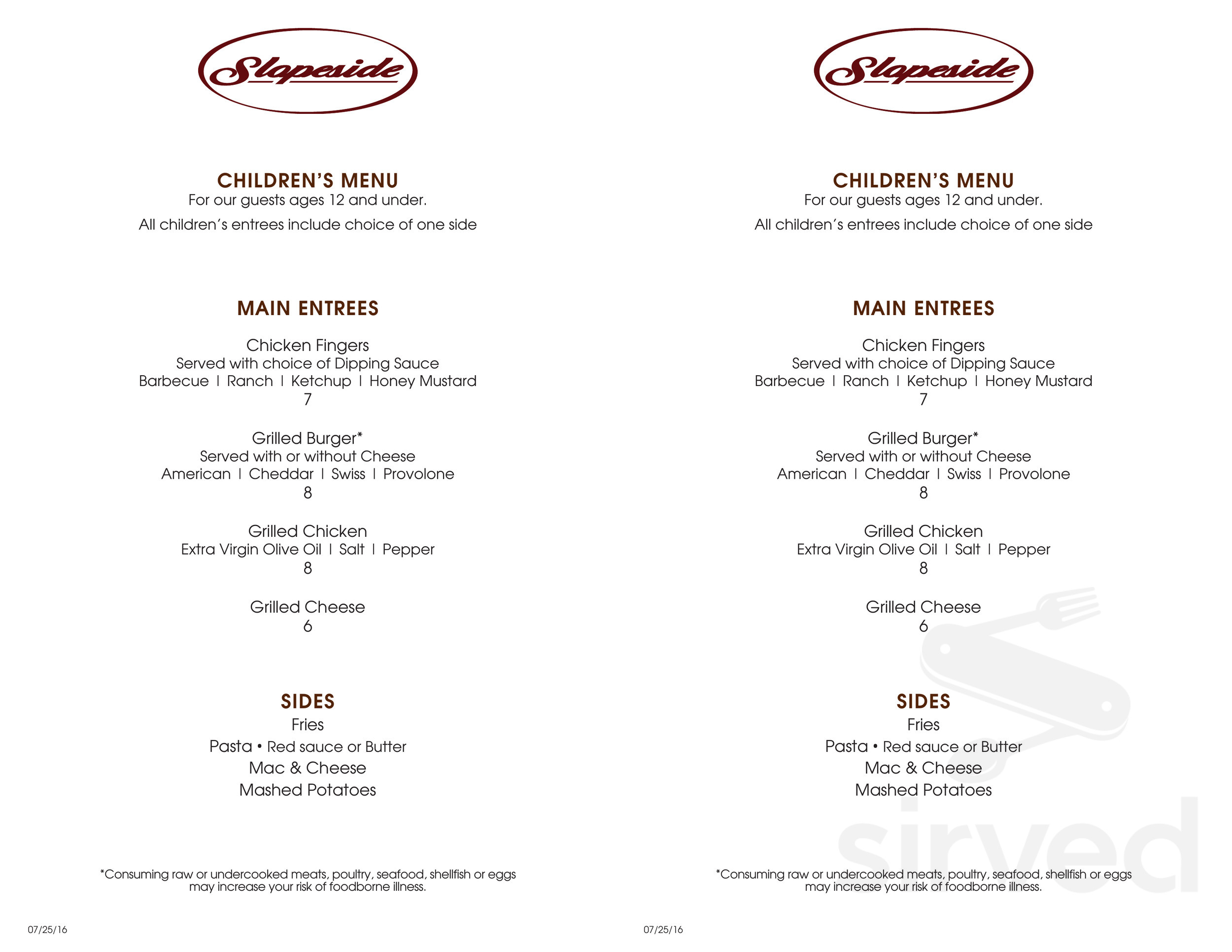 Slopeside Dining Room menu in Rockwood, Pennsylvania, USA