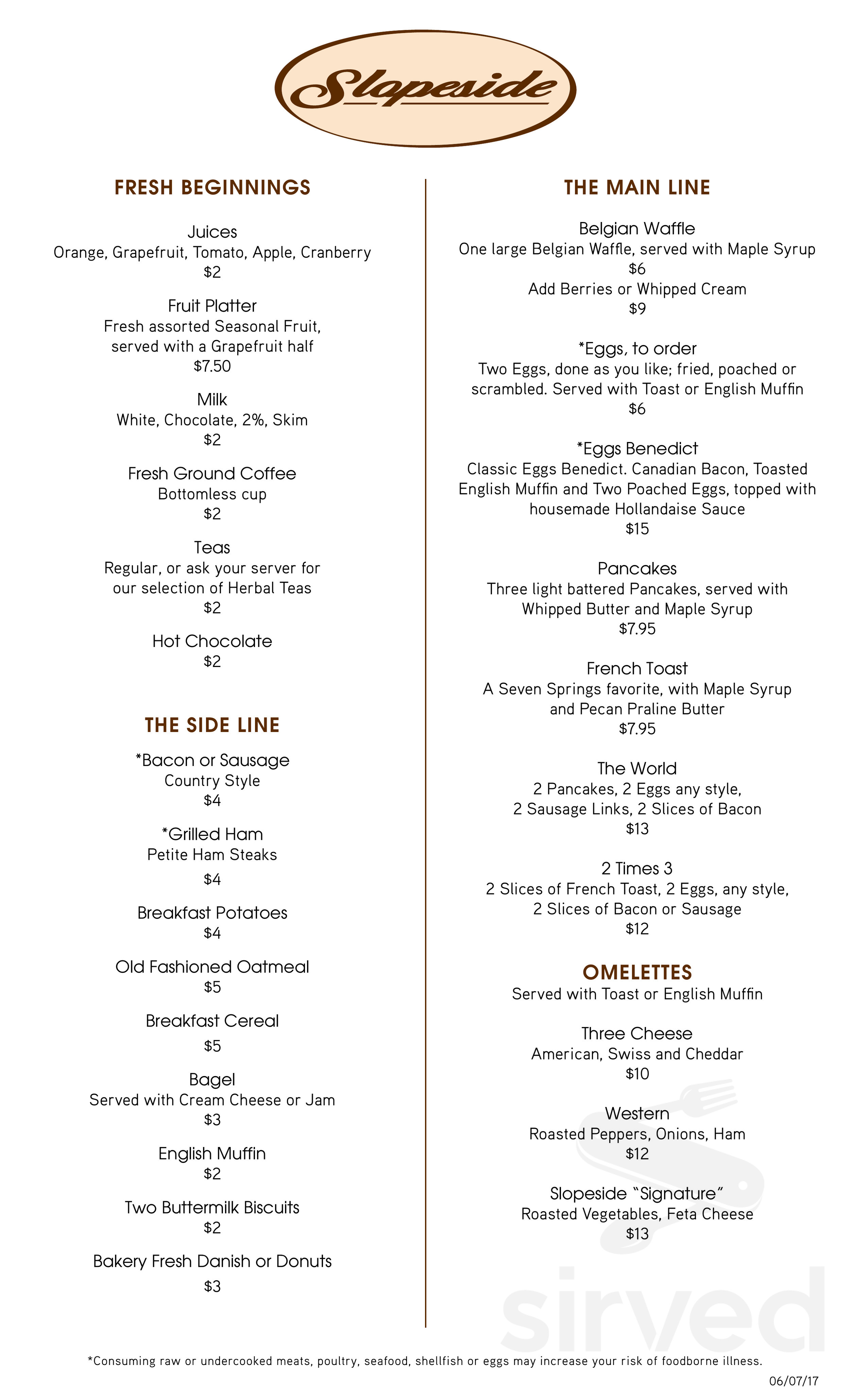 Slopeside Dining Room menu in Rockwood, Pennsylvania, USA