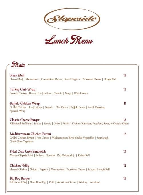 Slopeside Dining Room menu in Rockwood, Pennsylvania, USA