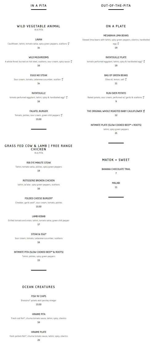 Miznon menu in Boston, Massachusetts, USA