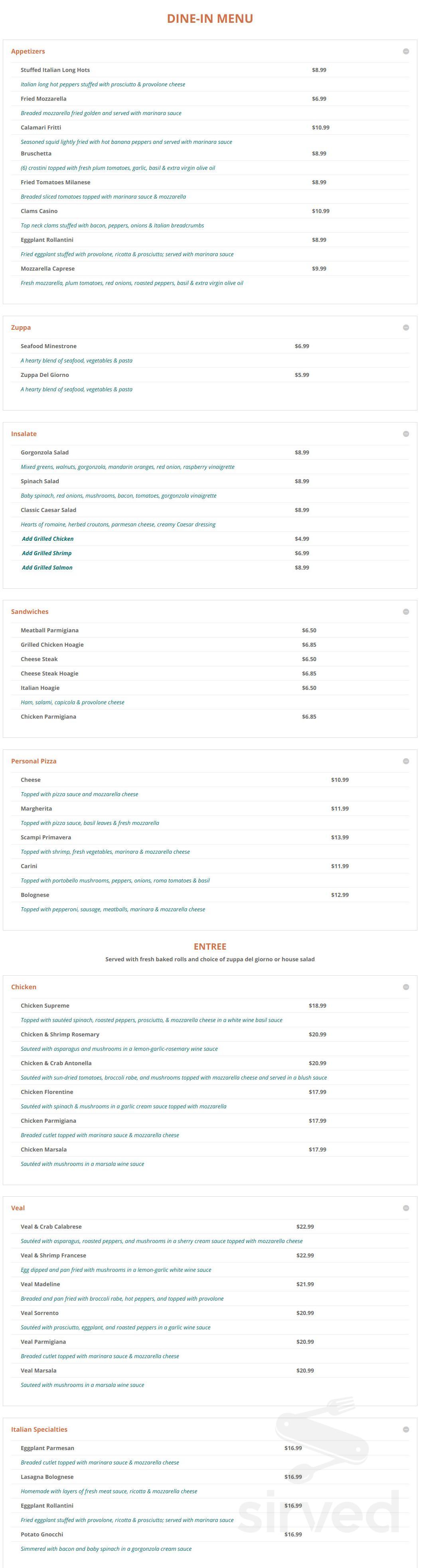 Cucina Carini menu in Mt Laurel Township, New Jersey, USA