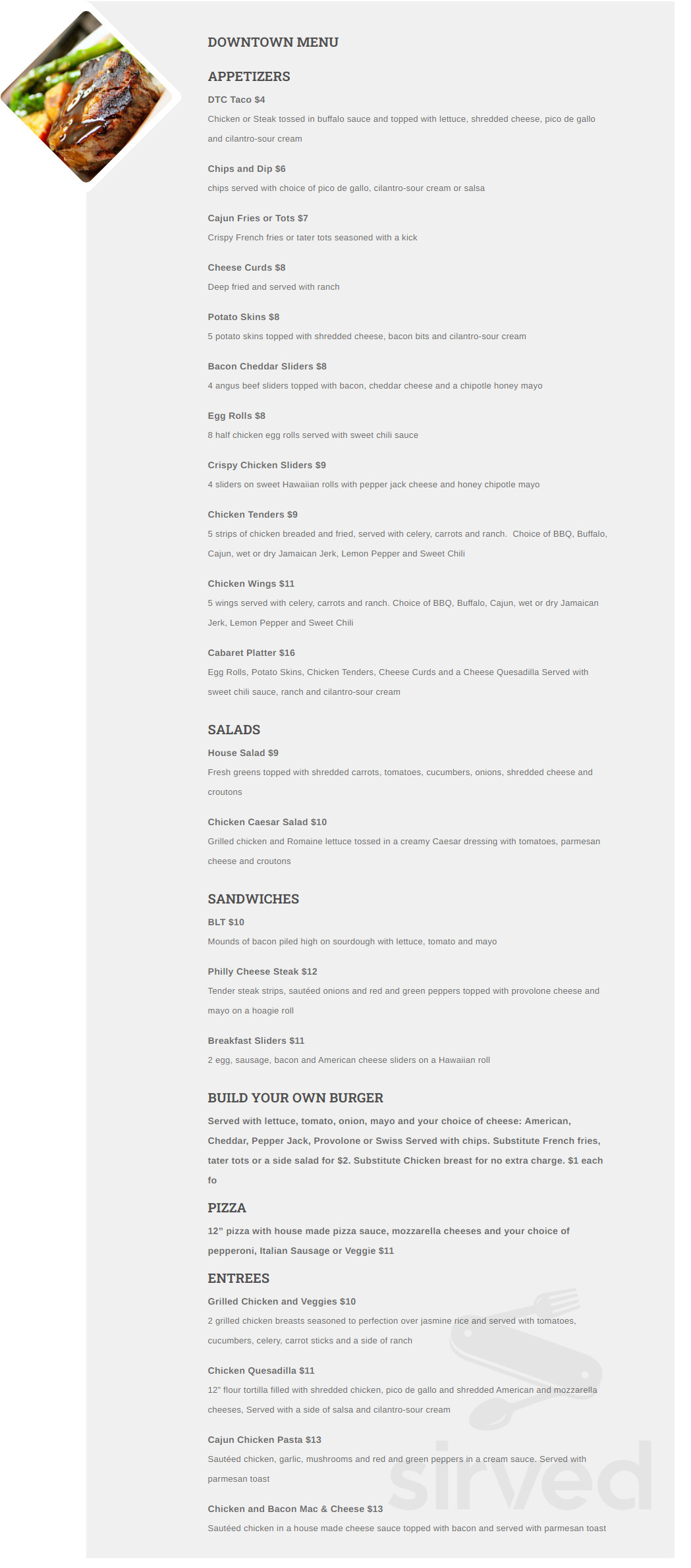 Downtown Cabaret menu in Minneapolis, Minnesota, USA