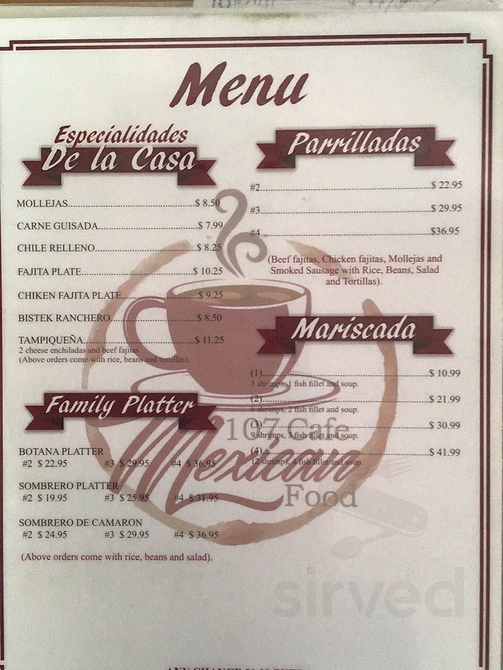 Menu for 107 Cafe in Edinburg, TX | Sirved
