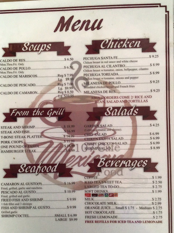 107 Cafe menu in Edinburg, Texas, USA