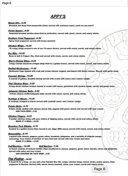 Leah's Bar and Grill menu in Red Deer, Alberta, Canada