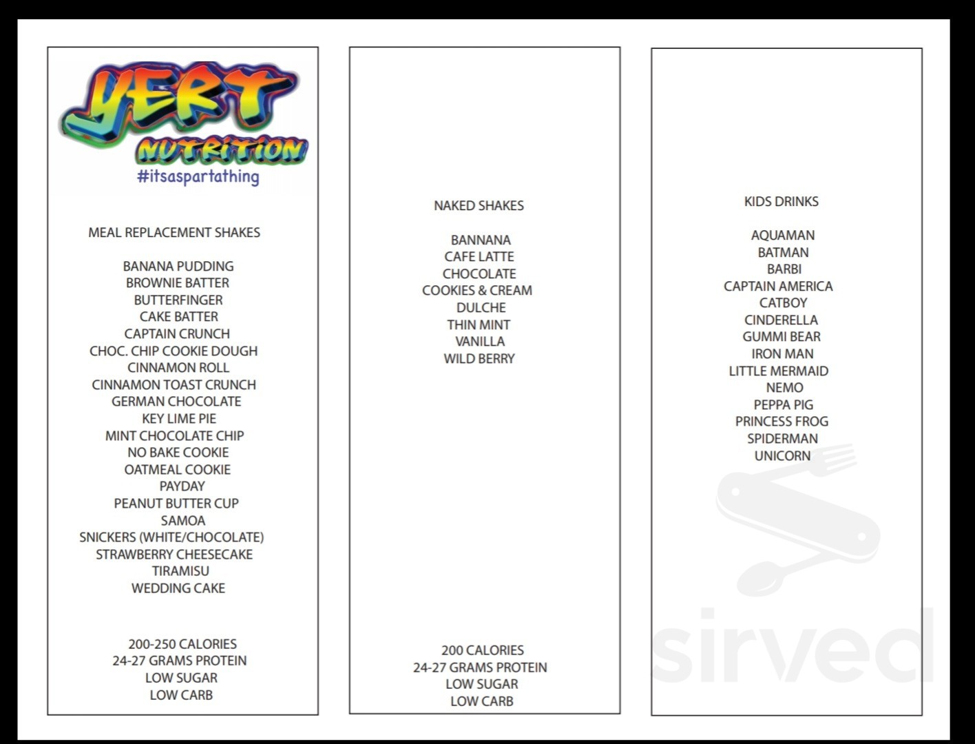 Menu for Yert Nutrition in Sparta, TN | Sirved