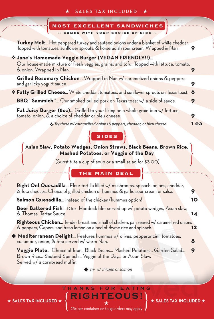 Menu for The Righteous Room in Atlanta, GA | Sirved