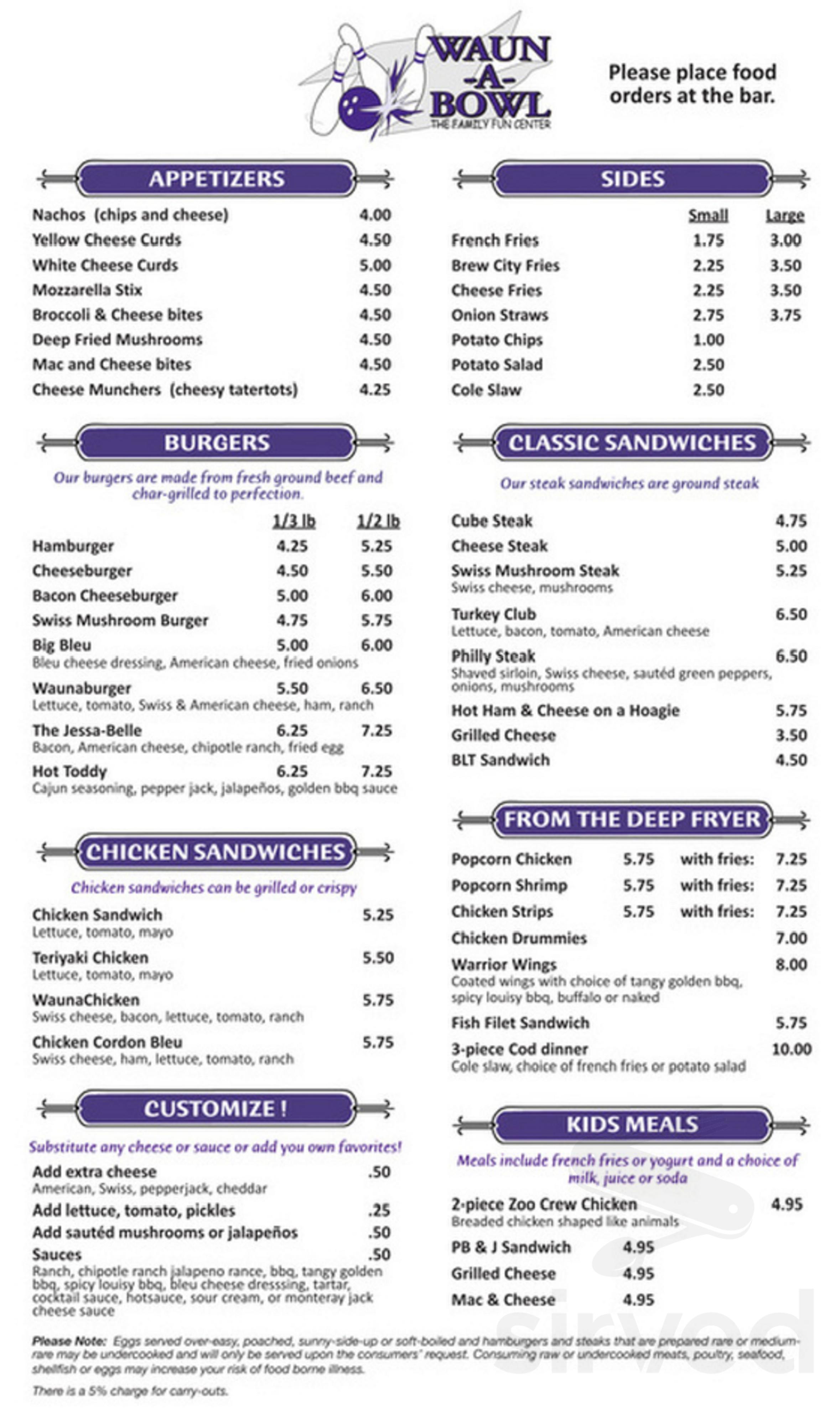 Waun-A-Bowl menu in Waunakee, Wisconsin, USA